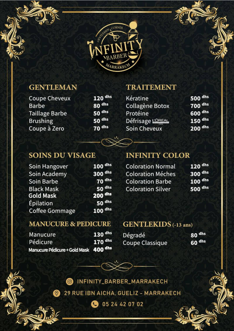 Tarifs Infinity Barber Marrakech | Salon de Coiffure pour Hommes
